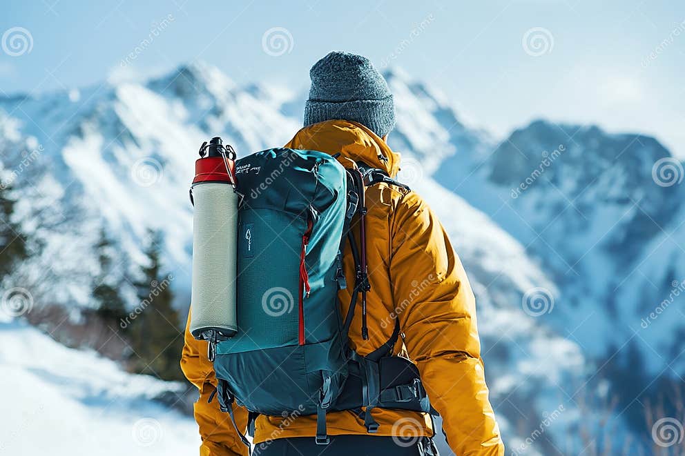 Backpacking through Snowy Mountain Range Stock Illustration ...