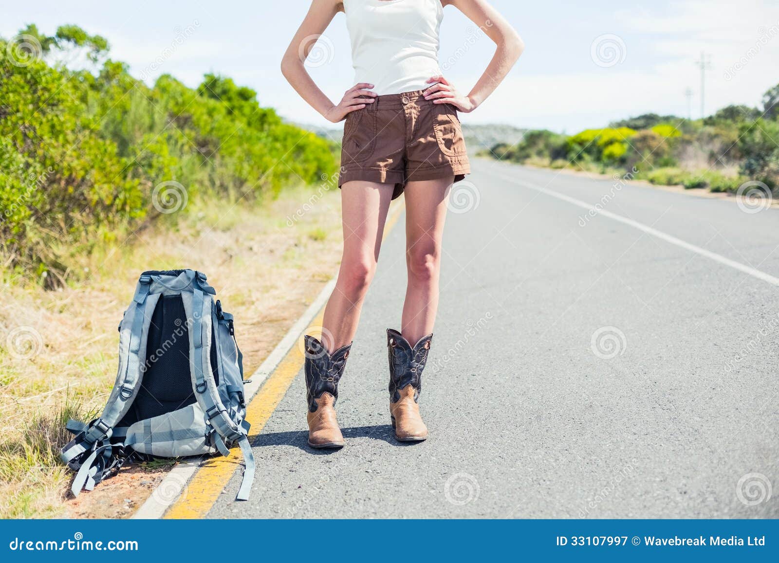 Backpacking Woman on the Roadside Posing Stock Image - Image of shorts ...