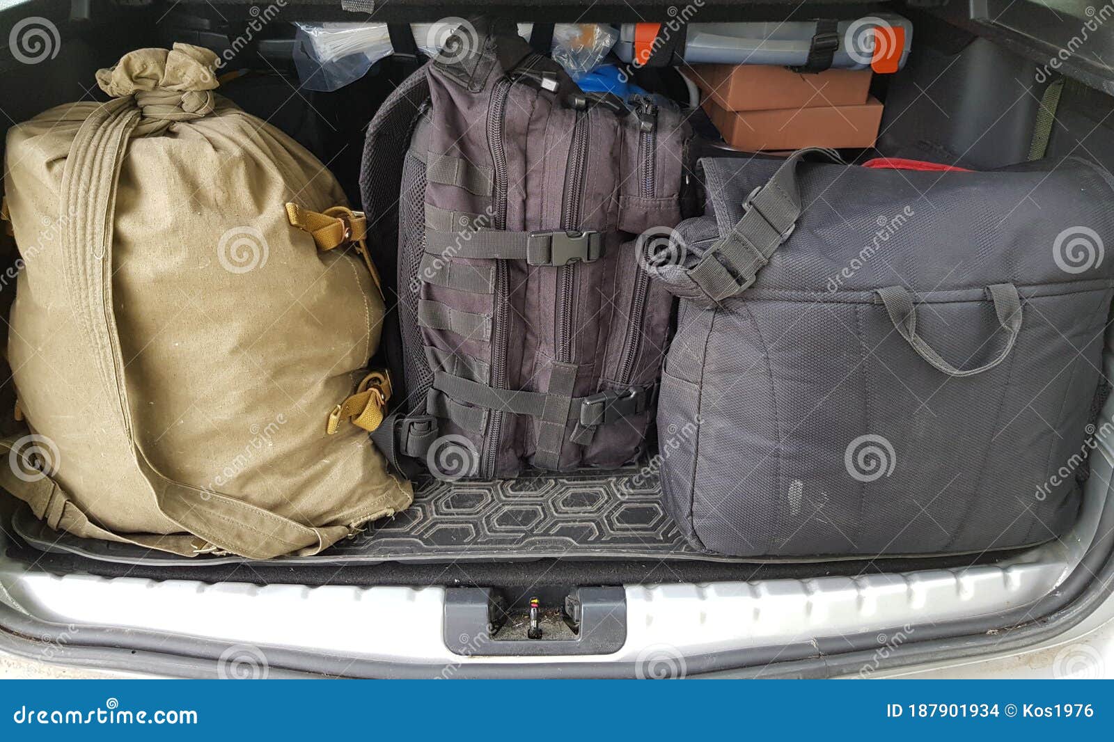 Backpacks and Bags in the Trunk of a Car Stock Photo - Image of journey ...