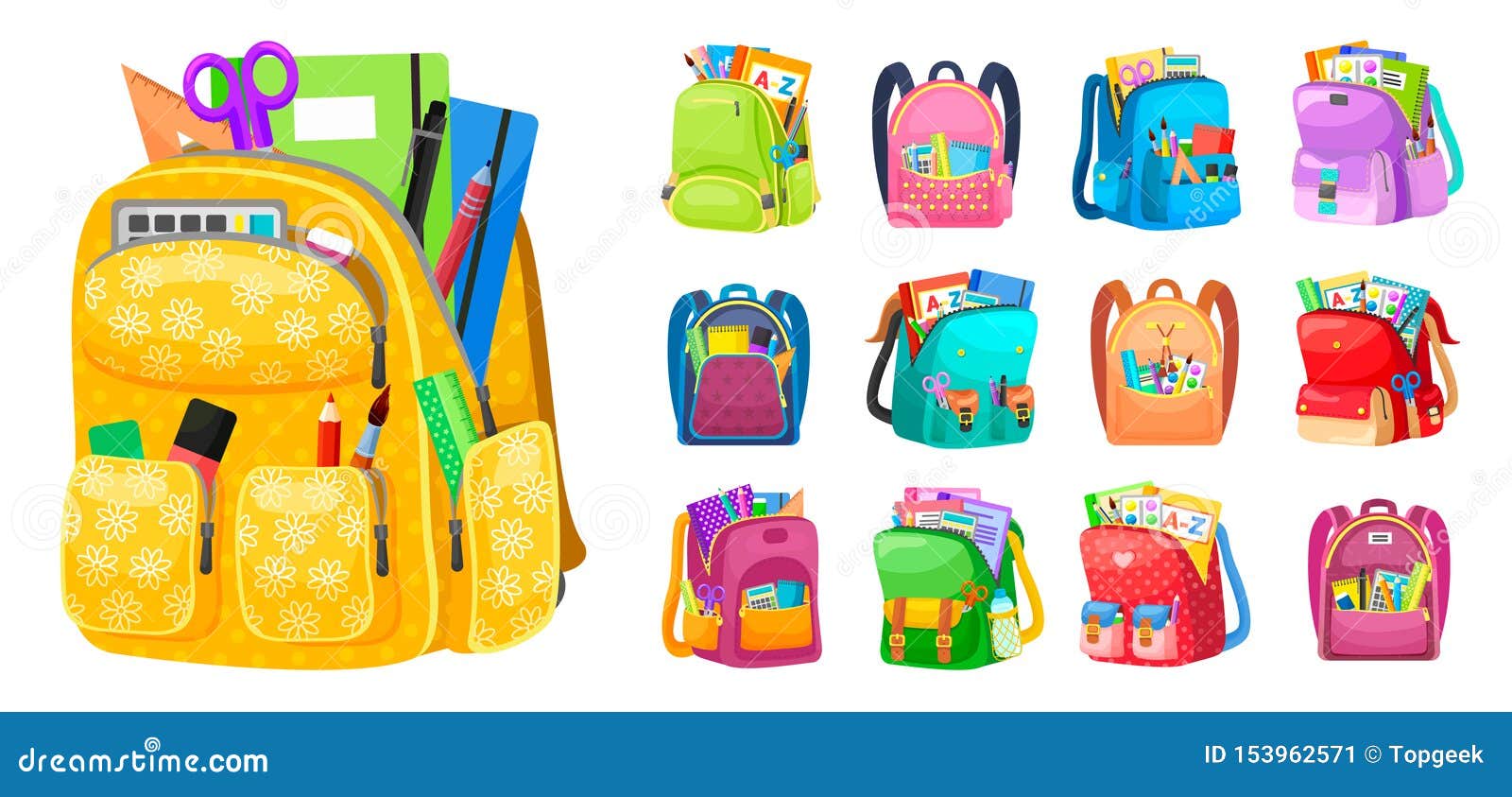 Backpacks Full Stationery Objects, Back To School Stock Vector ...