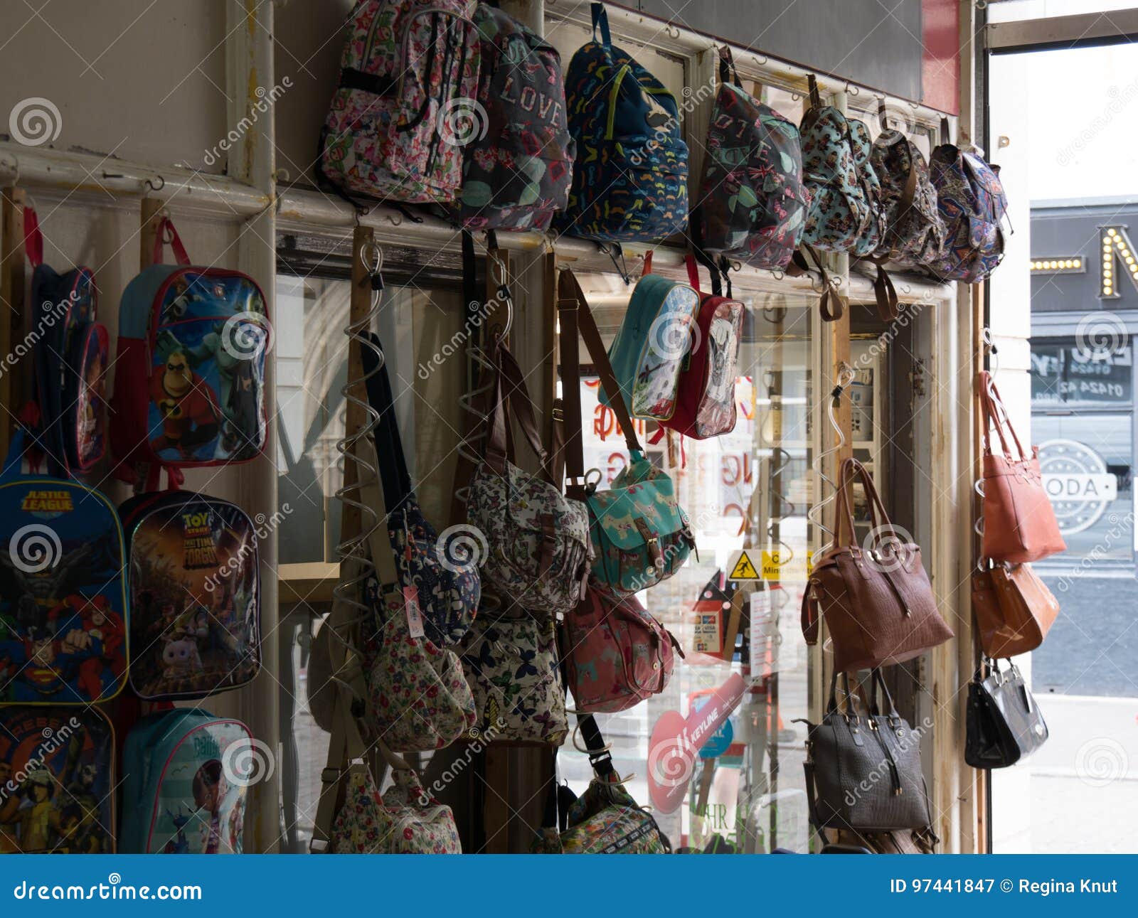 Backpacks in a shop stock image. Image of colored, backpacks - 97441847