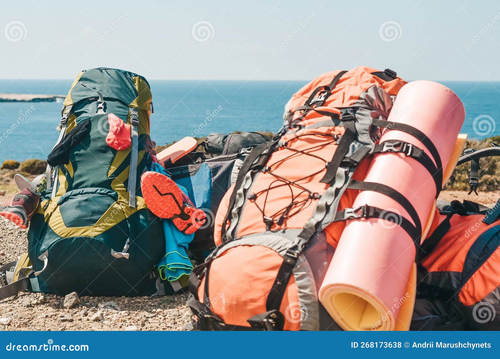 Backpacks for Trekking Lie Down Stock Photo - Image of golden ...