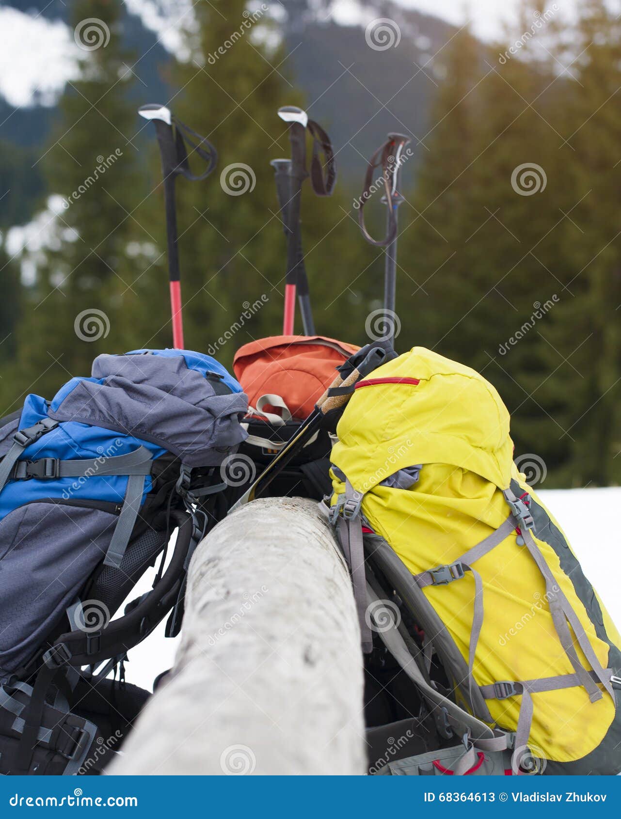 Backpacks and Walking Sticks. Stock Image - Image of mount, loading ...