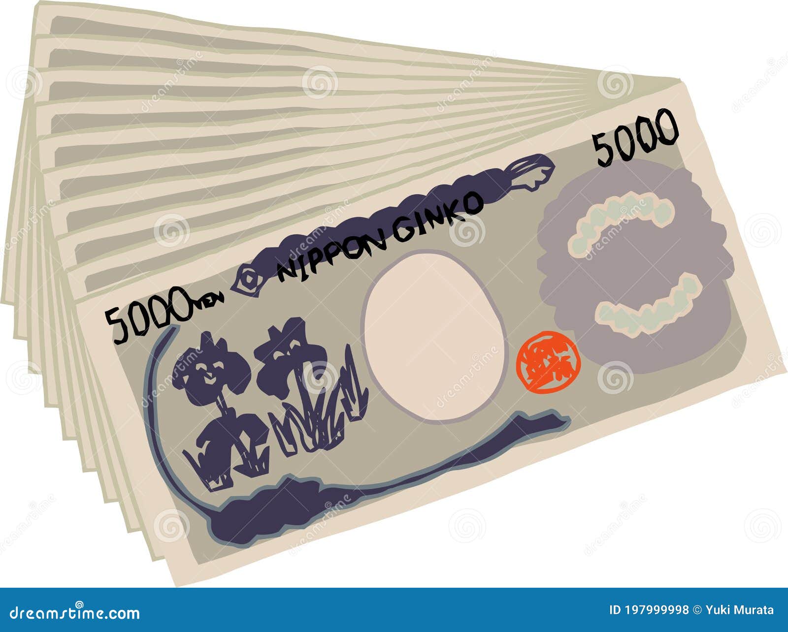 Backside Bunch of Cute Hand-painted Japanese 5000 Yen Note Stock Vector ...