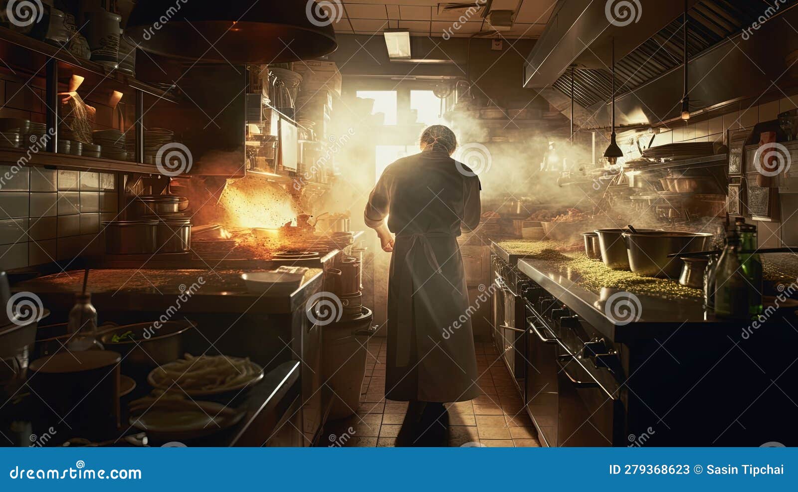 Backside of Chef Cooking in a Busy Restaurant Kitchen Stock ...