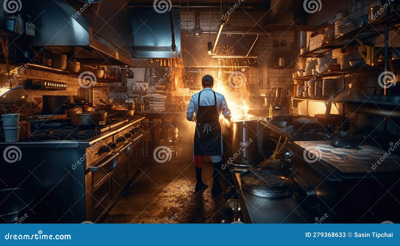 Backside of Chef Cooking in a Busy Restaurant Kitchen Stock ...