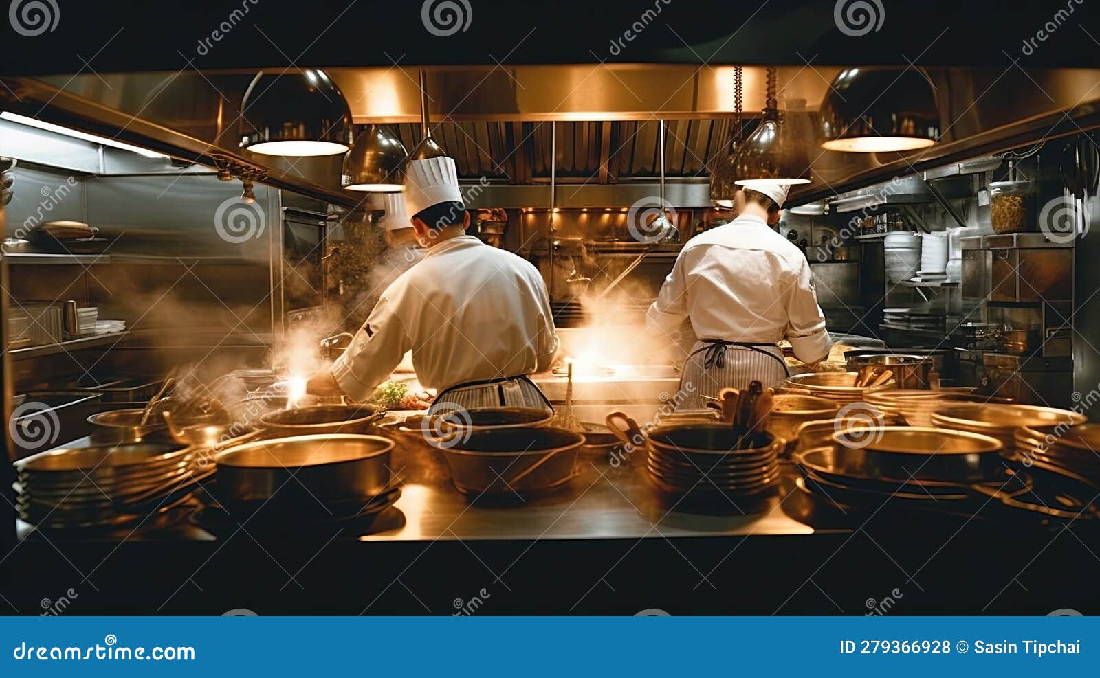 Backside of Chef Cooking in a Busy Restaurant Kitchen Stock ...