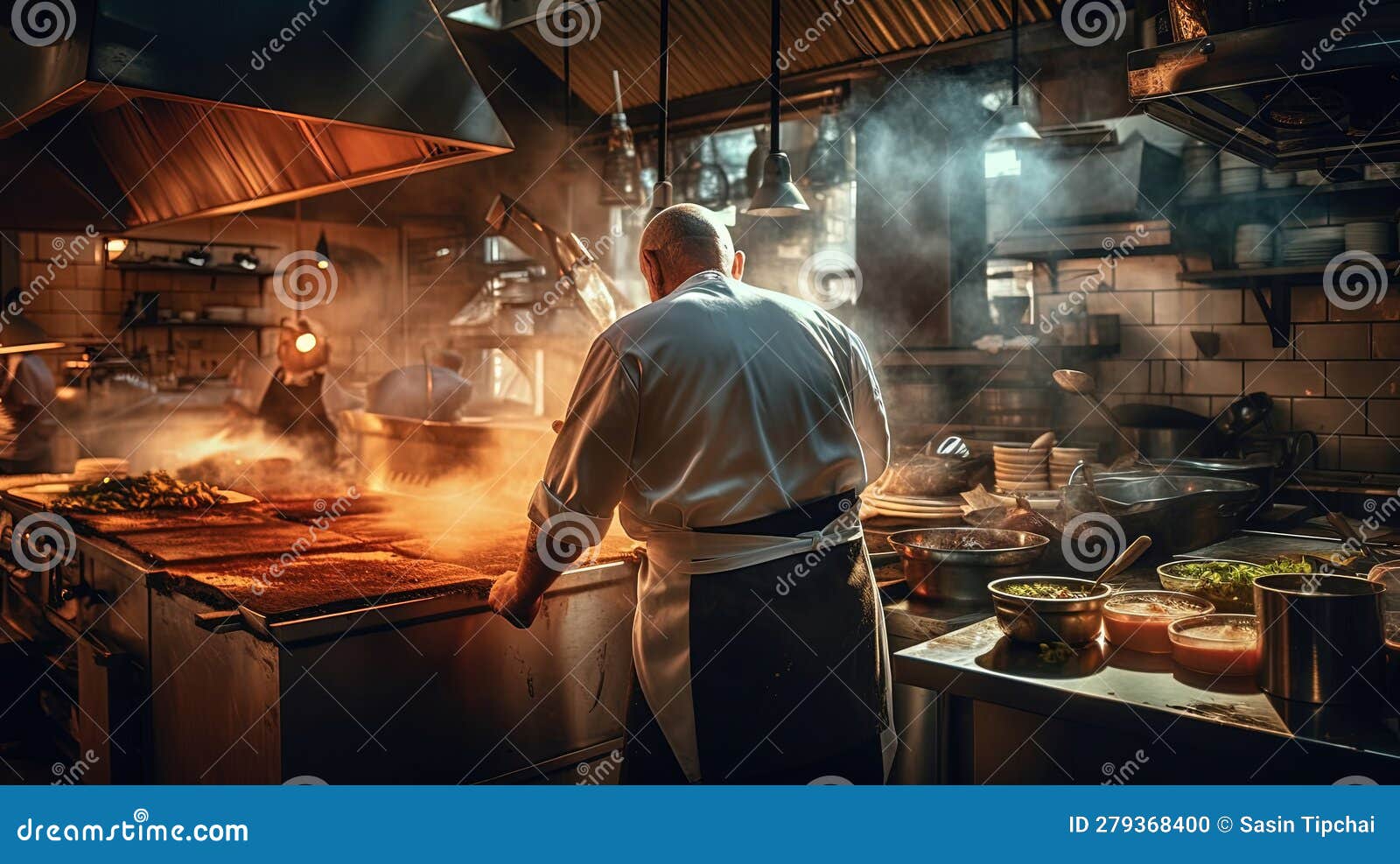 Backside of Chef Cooking in a Busy Restaurant Kitchen Stock ...