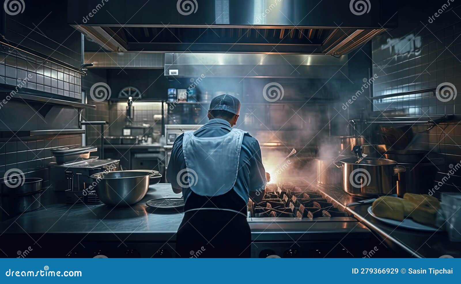 Backside of a Chef is Cooking in the Modern Restaurant Kitchen Stock ...