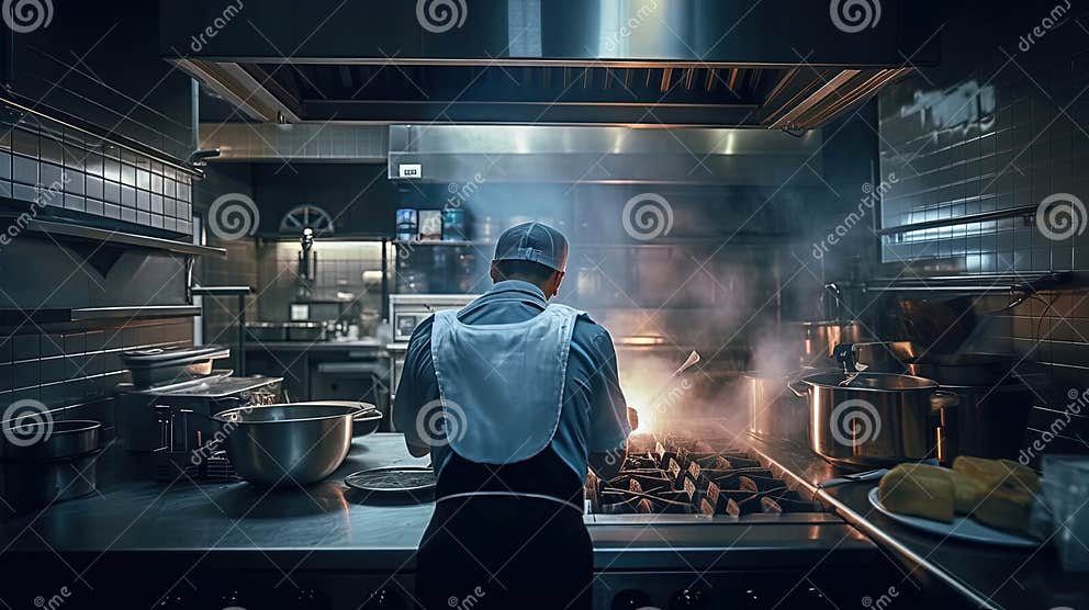 Backside of a Chef is Cooking in the Modern Restaurant Kitchen Stock ...