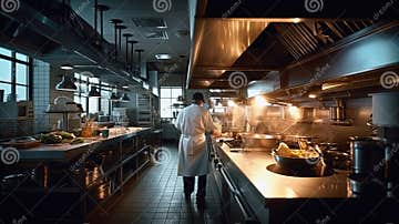 Backside of a Chef is Cooking in the Modern Restaurant Kitchen Stock ...