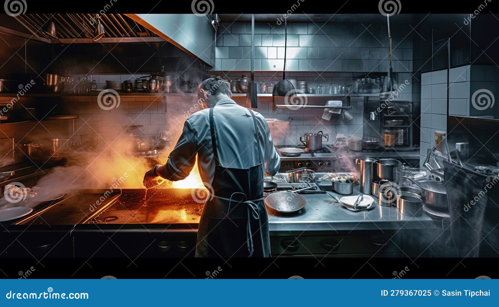 Backside of a Chef is Cooking in the Modern Restaurant Kitchen Stock ...