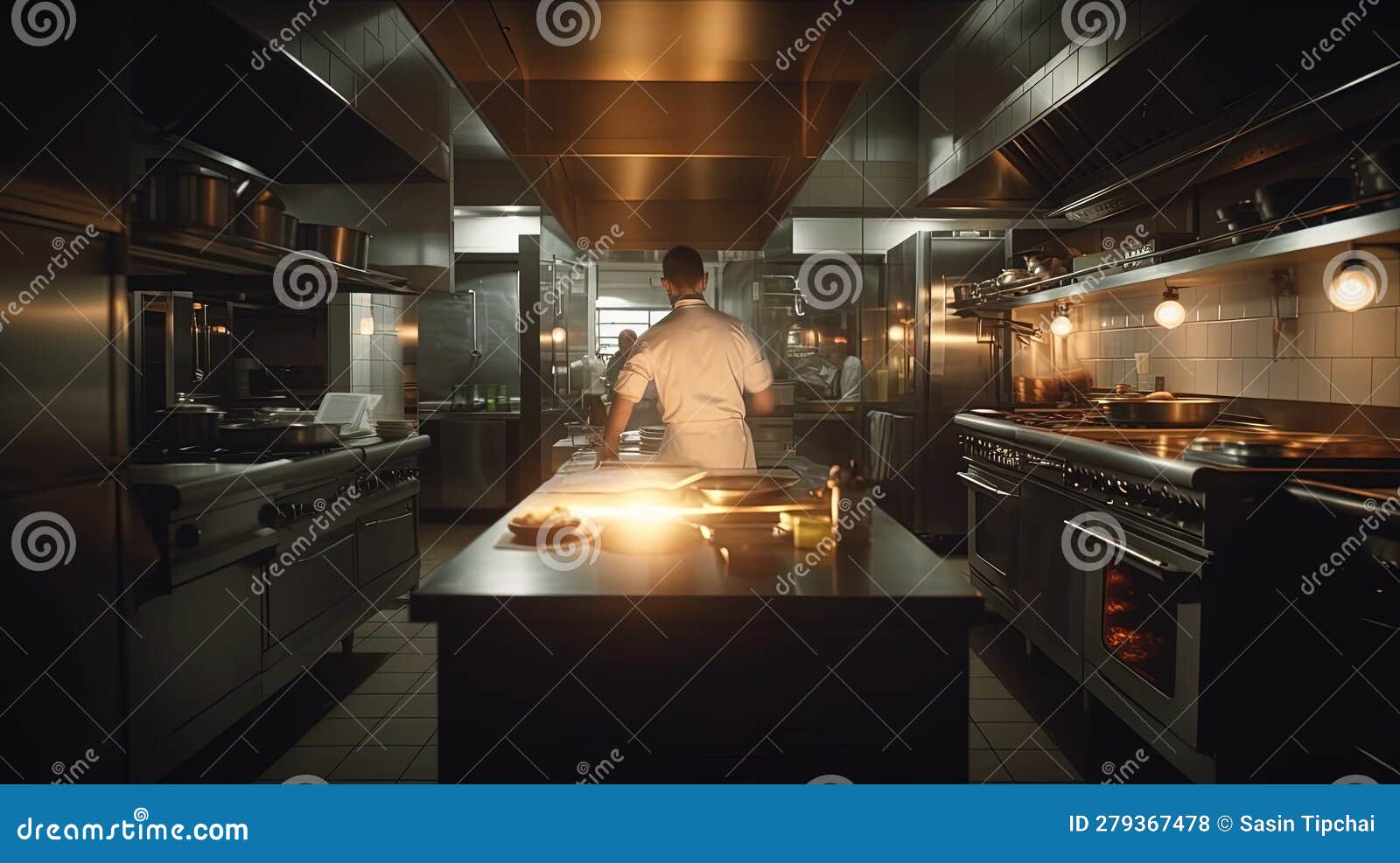 Backside of a Chef is Cooking in the Modern Restaurant Kitchen Stock ...