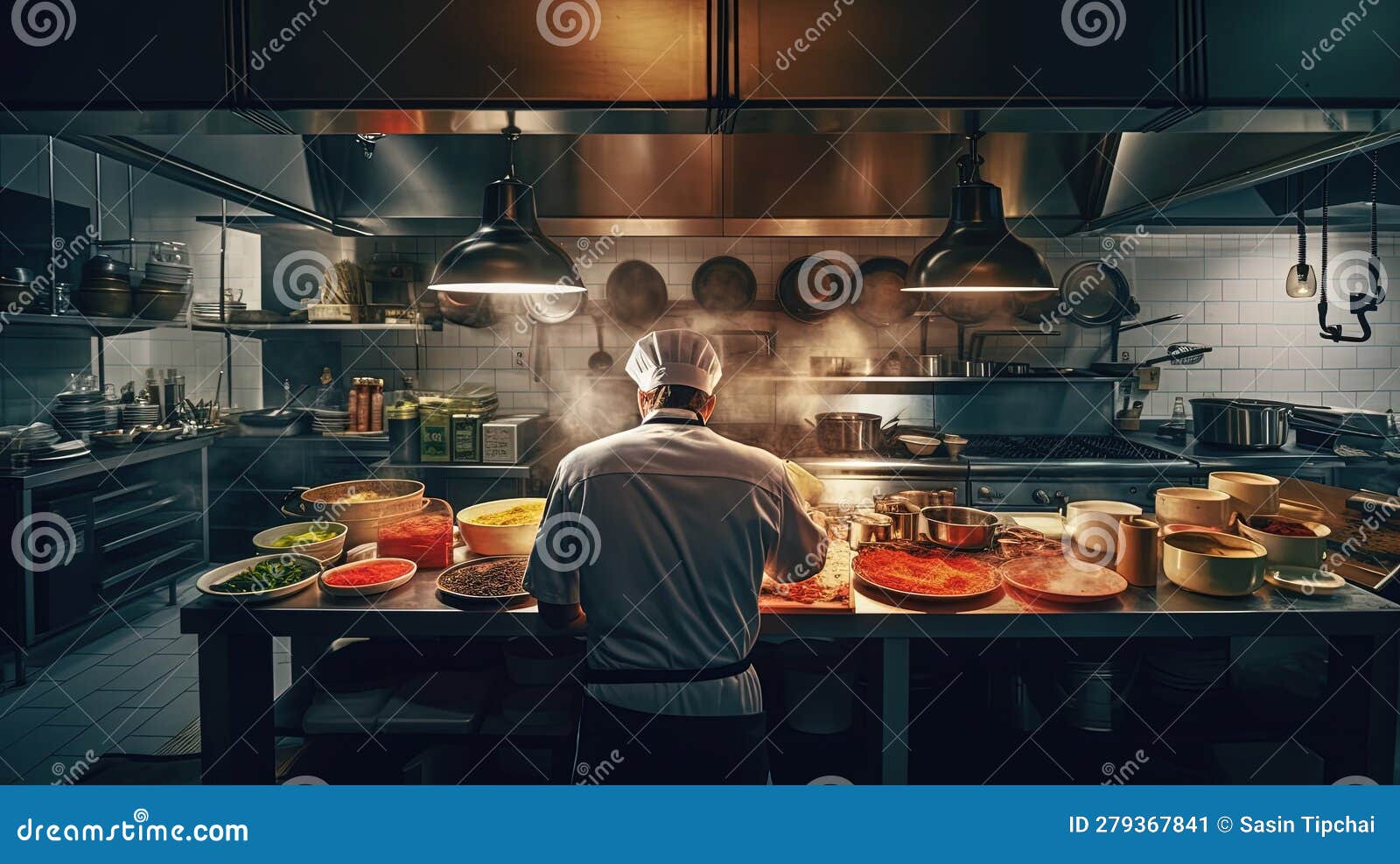 Backside of a Chef is Cooking in the Modern Restaurant Kitchen Stock ...
