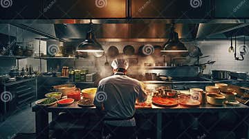 Backside of a Chef is Cooking in the Modern Restaurant Kitchen Stock ...