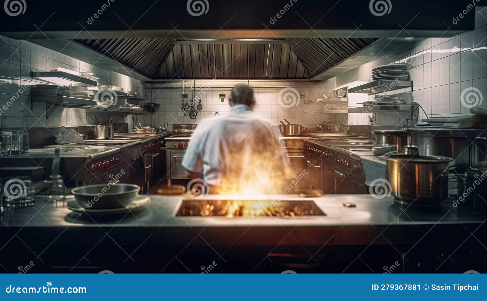 Backside of a Chef is Cooking in the Modern Restaurant Kitchen Stock ...