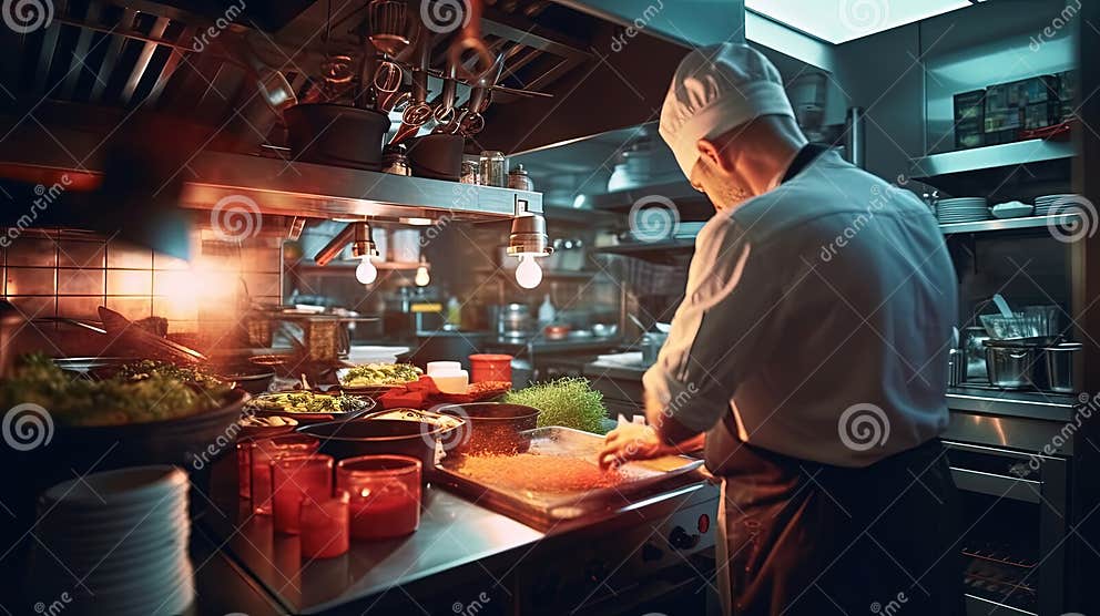 Backside of a Chef is Cooking in the Modern Restaurant Kitchen Stock ...