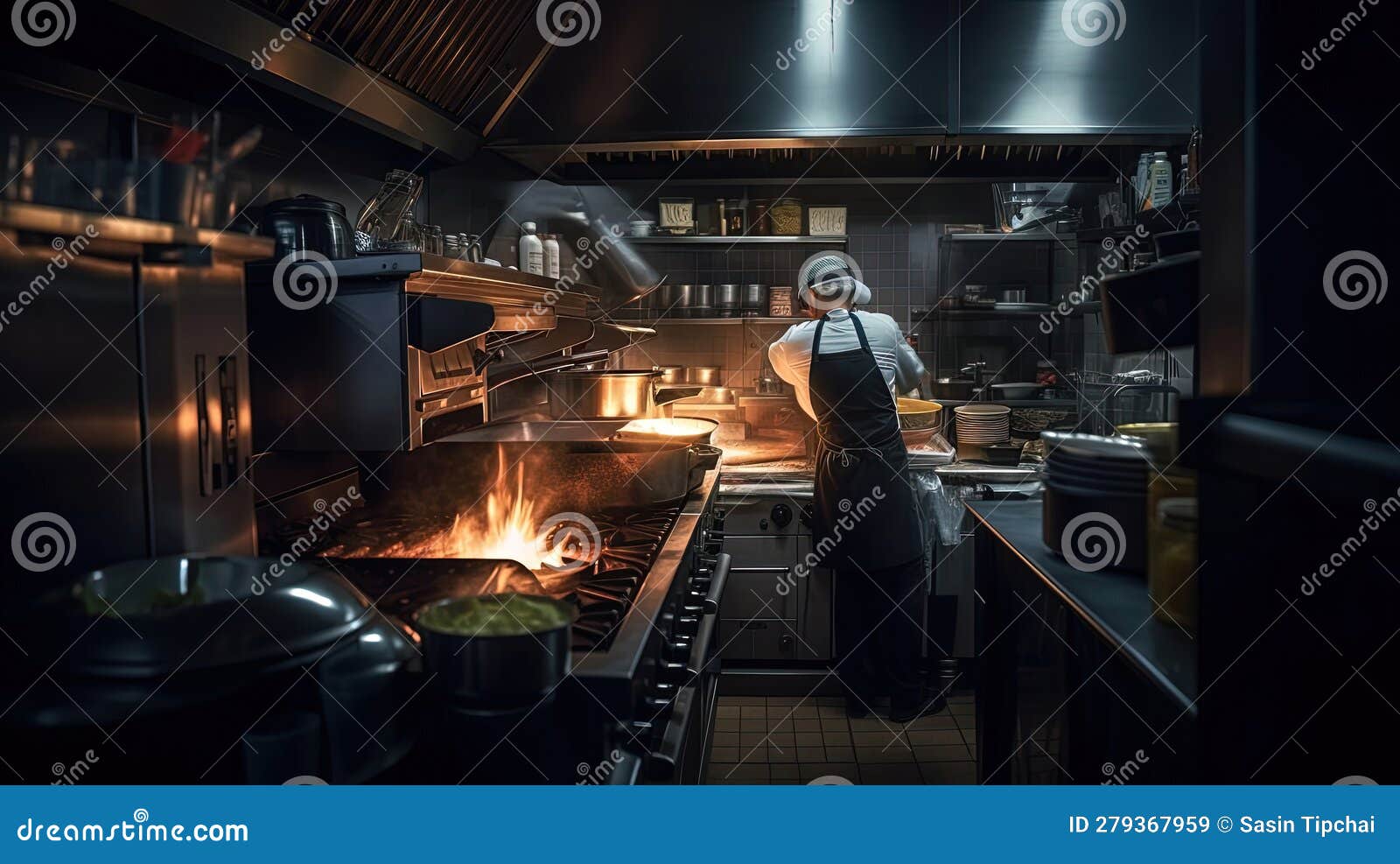 Backside of a Chef is Cooking in the Modern Restaurant Kitchen Stock ...