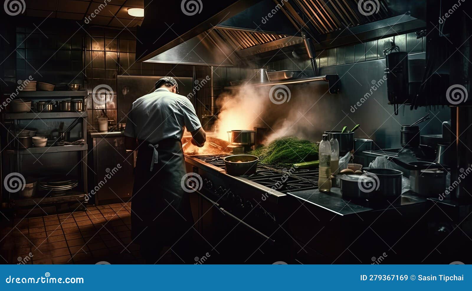 Backside of a Chef is Cooking in the Modern Restaurant Kitchen Stock ...