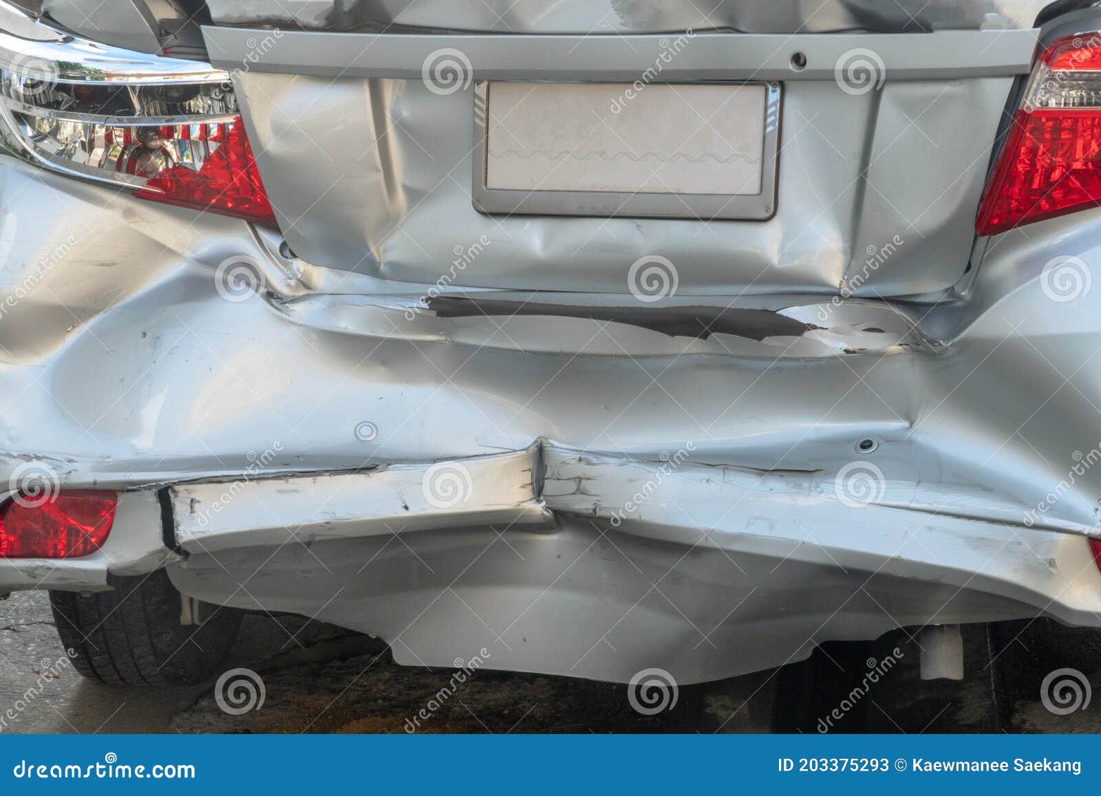 Backside Silver Car Get Damaged by Crash Accident on the Road Stock ...