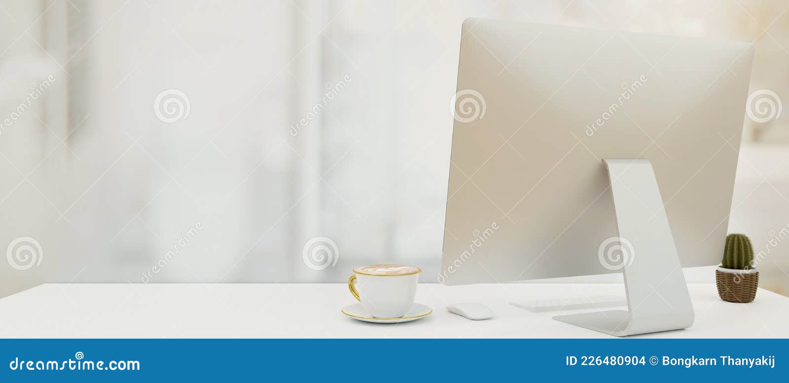 Backside Silver Desktop Computer with Copy Space on White Top Table ...
