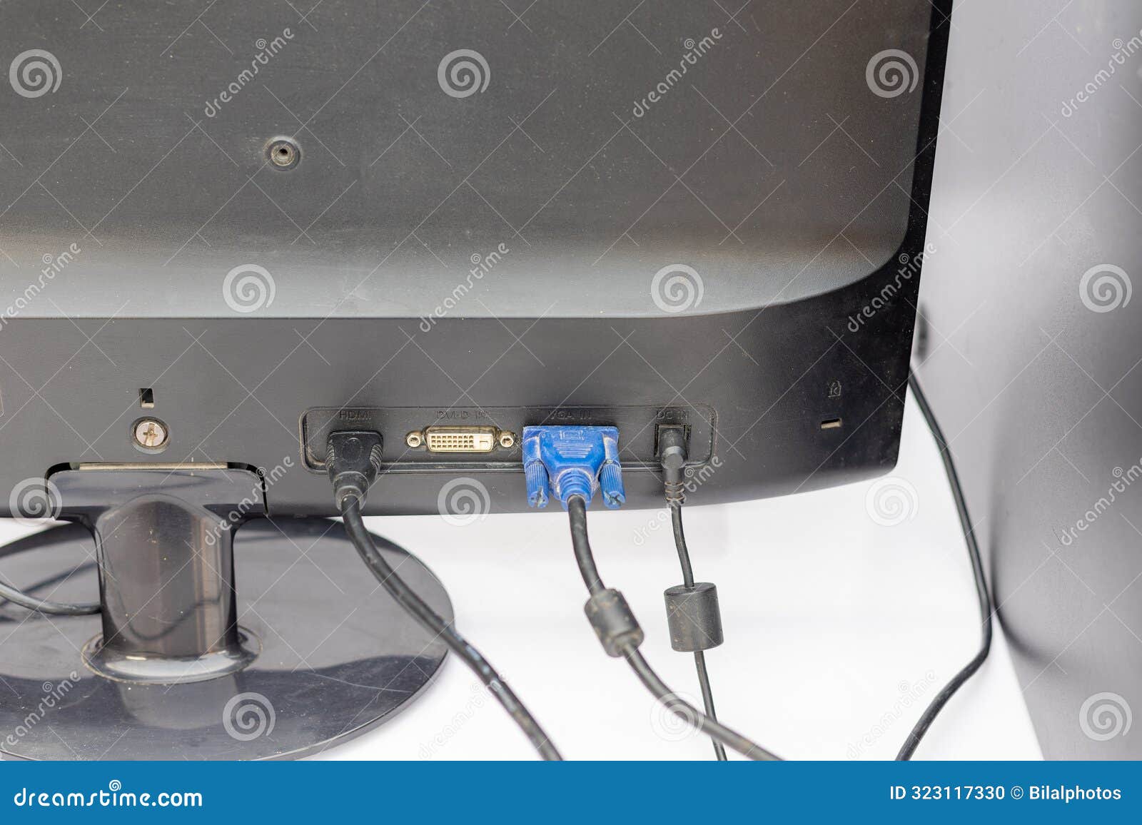 Backside View of a Computer Monitor with Connected Cables Stock Photo ...