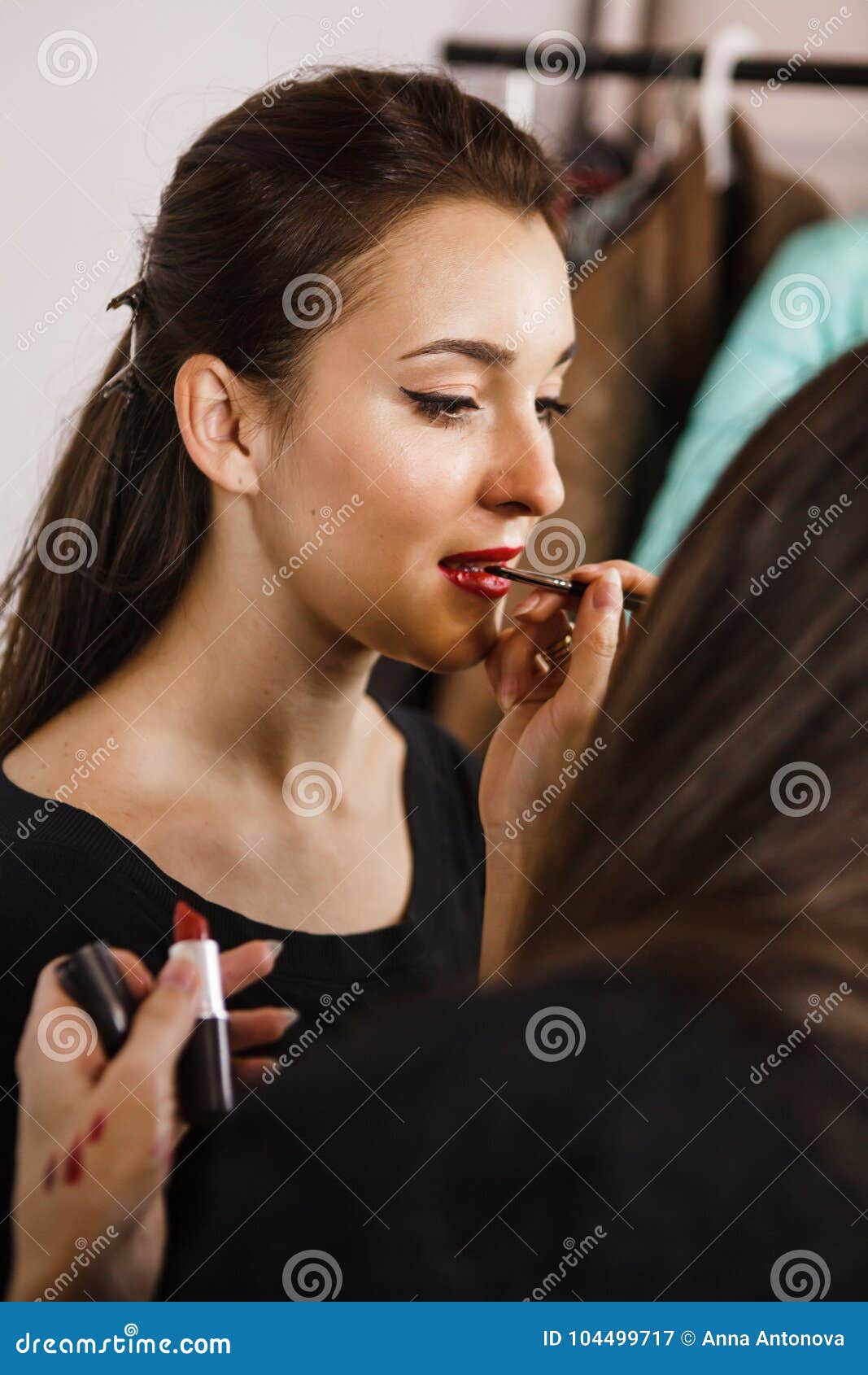 Makeup Artist Applying Lipstick Stock Image - Image of femininity ...