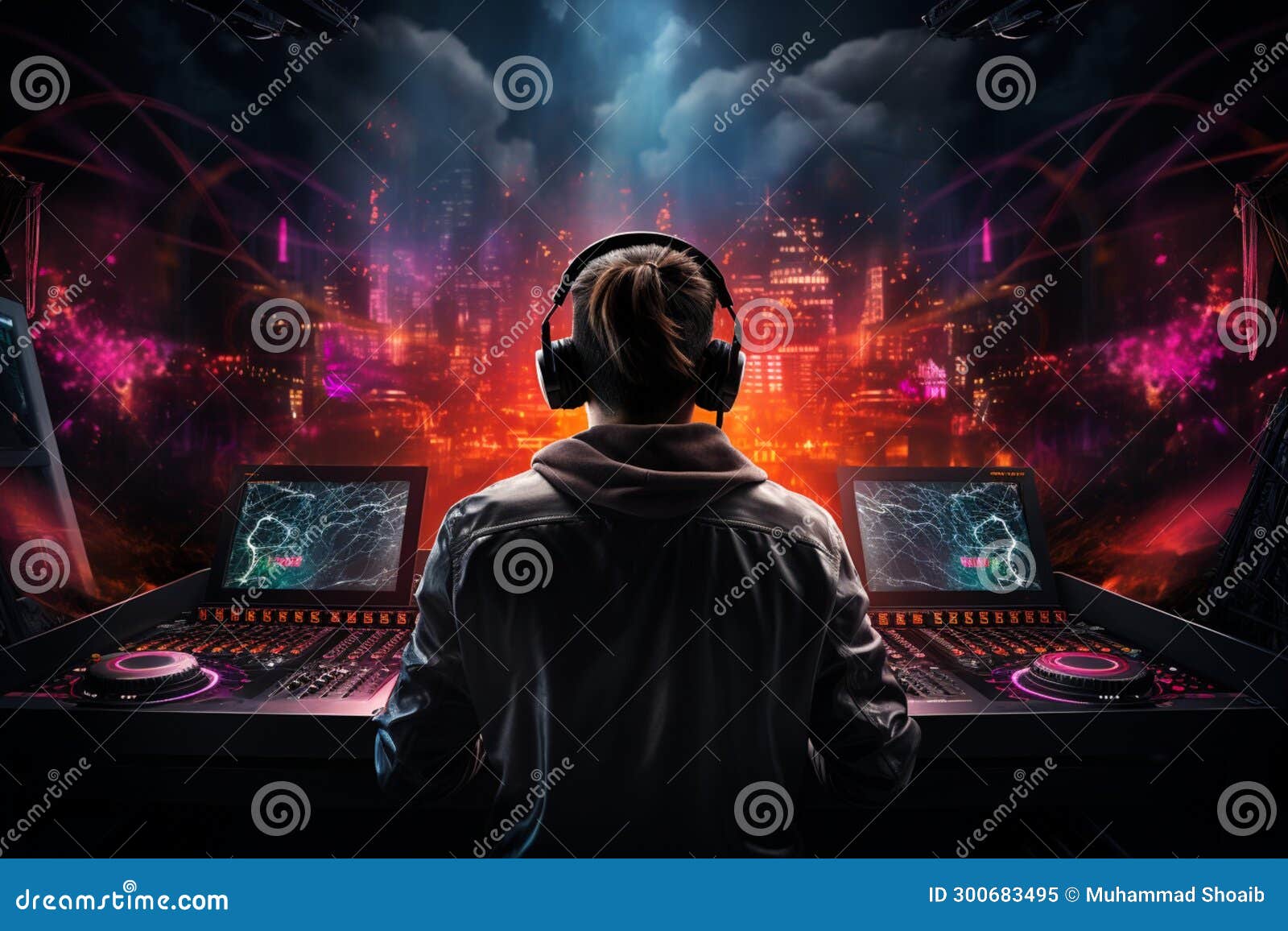 Backstage Rhythm Captivating Perspective of a DJ in Action from Behind ...