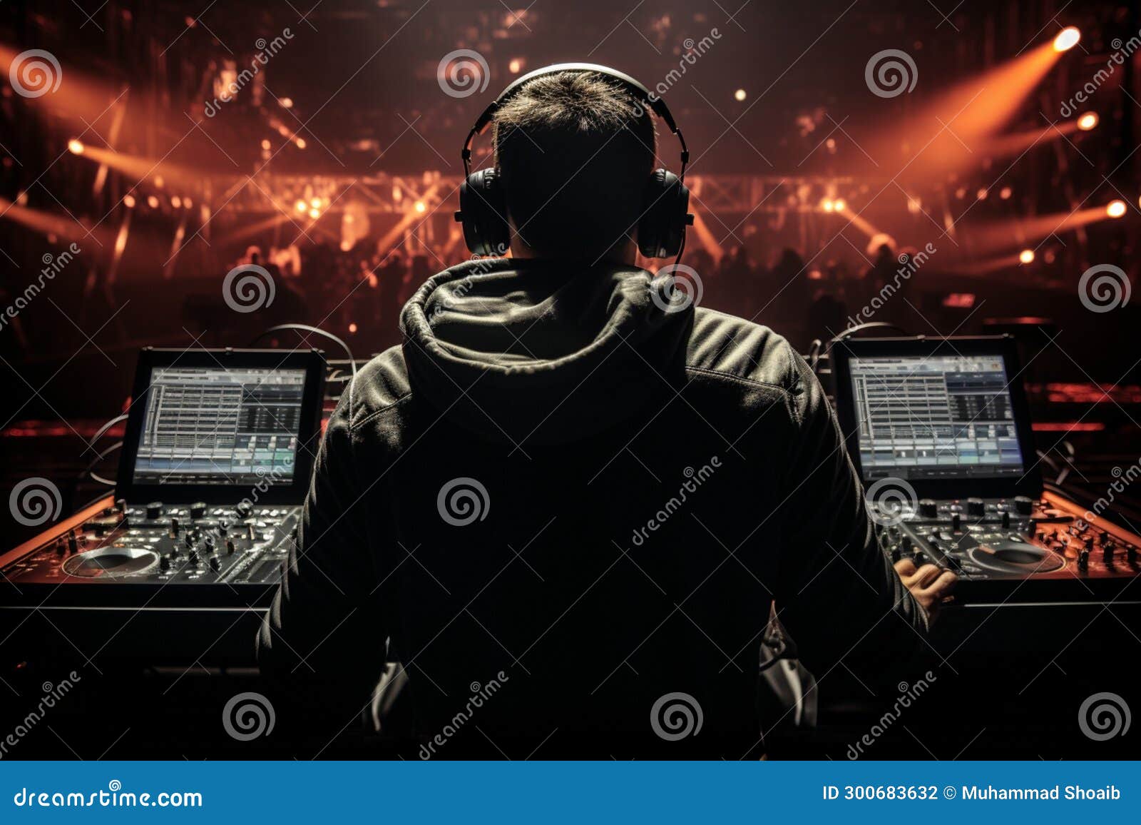 Backstage Rhythm Captivating Perspective of a DJ in Action from Behind ...