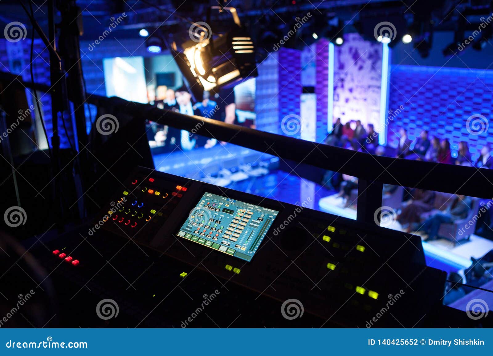 Backstage from the Side of the Mixing Console in the Television Studio ...