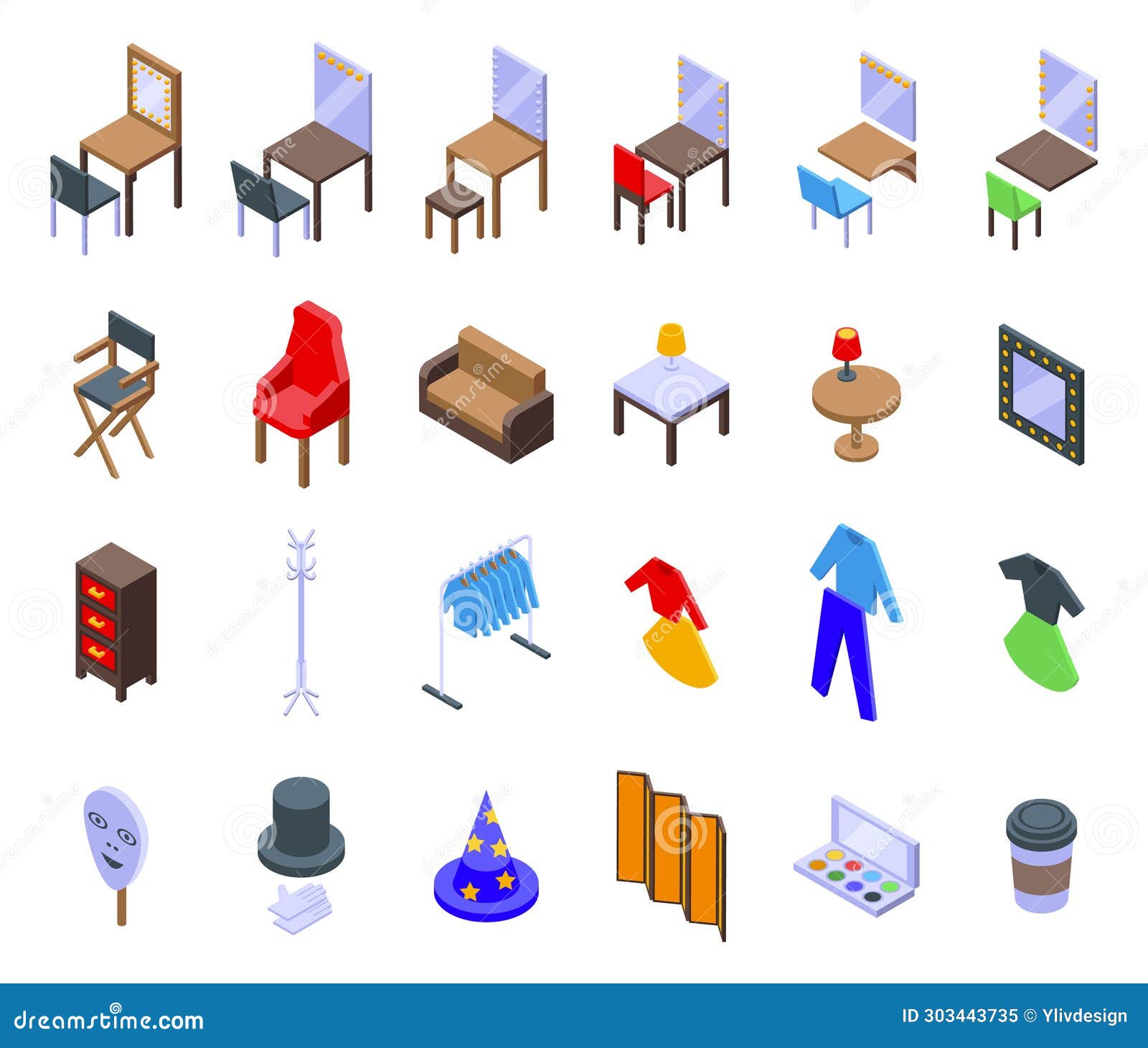 Backstage Theater Room Icons Set Isometric Vector. Makeup Dressing ...