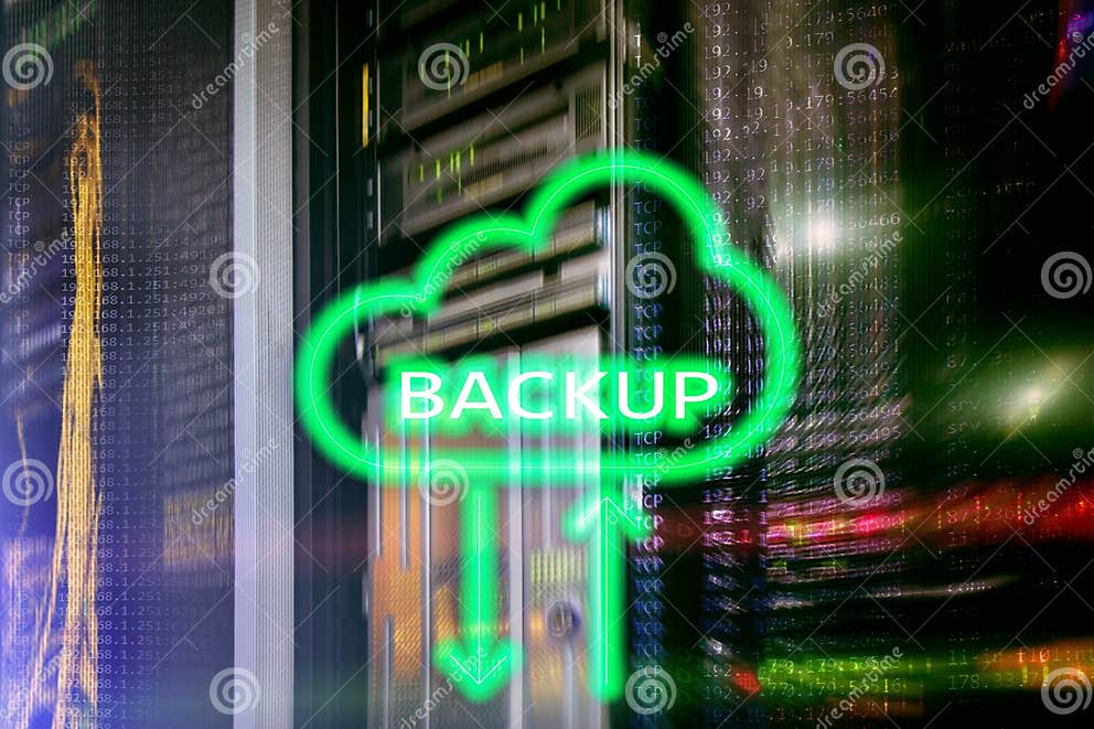 Backup Button on Modern Server Room Background. Data Loss Prevention ...