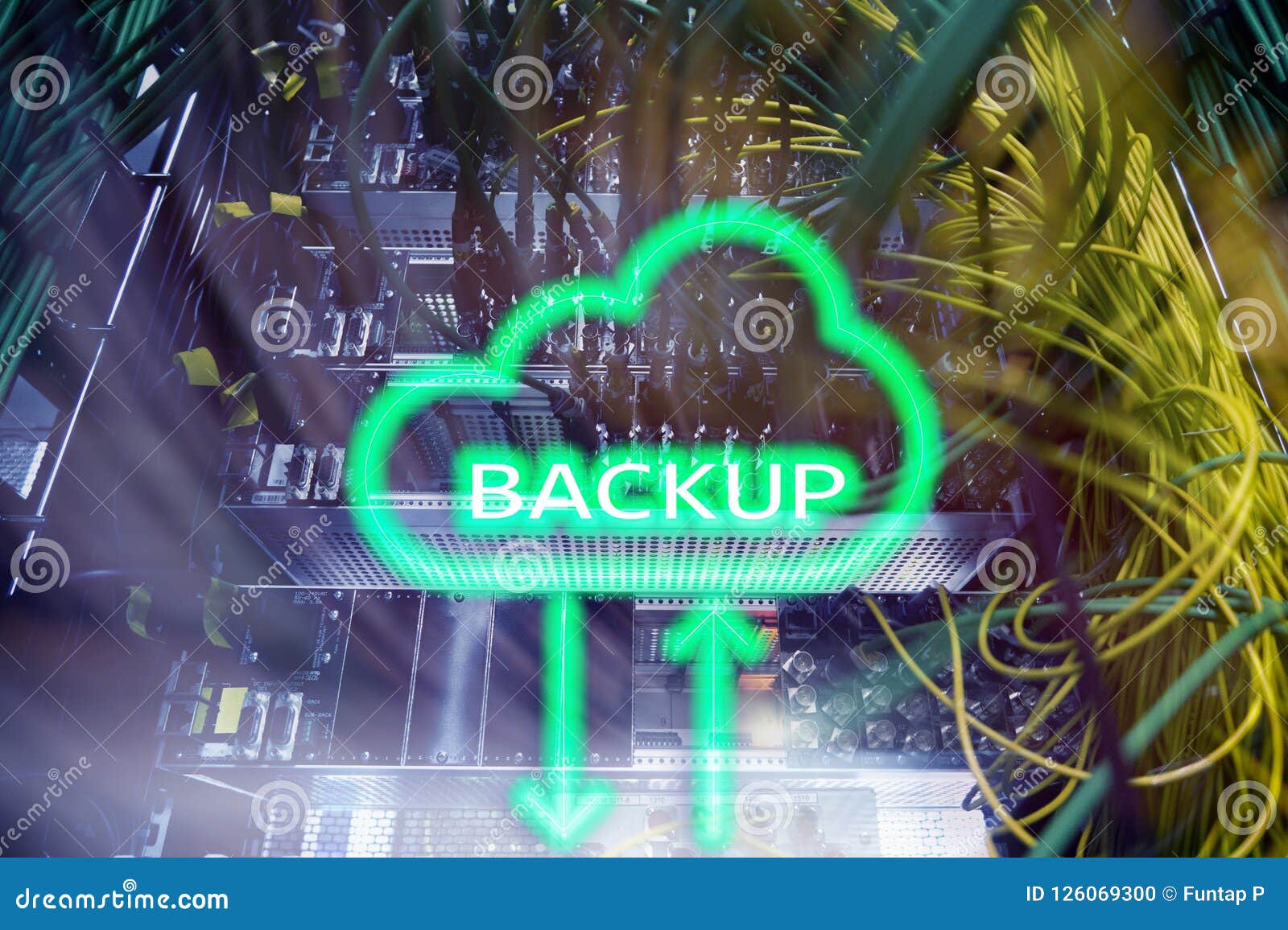 Backup Button on Modern Server Room Background. Data Loss Prevention ...