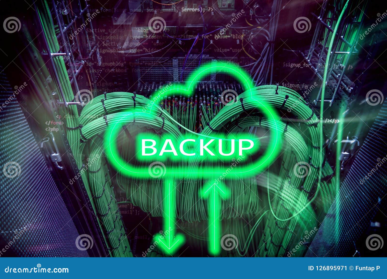 Backup Button on Modern Server Room Background. Data Loss Prevention ...