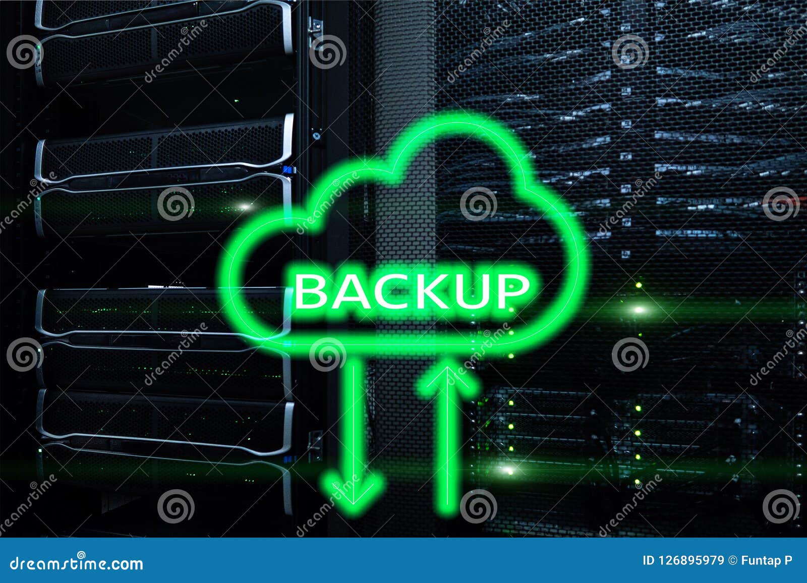Backup Button on Modern Server Room Background. Data Loss Prevention ...