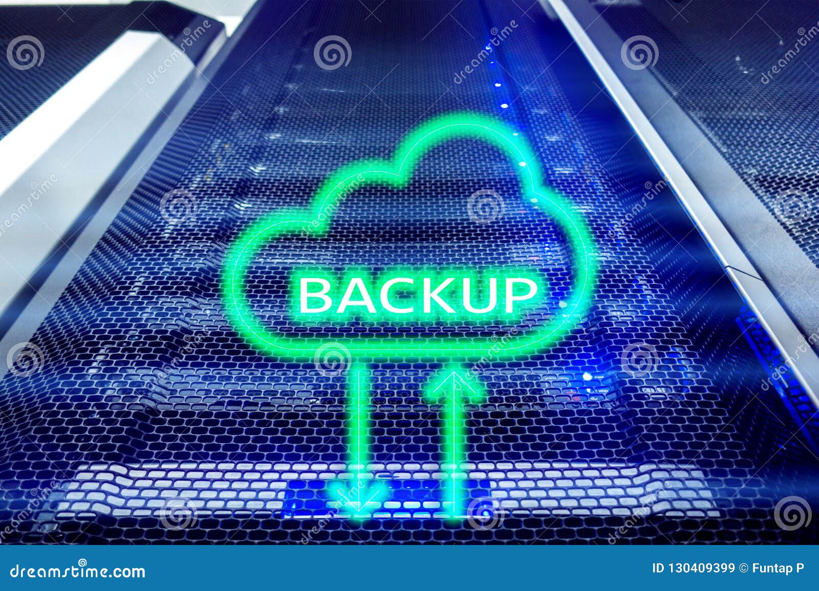Backup Button on Modern Server Room Background. Data Loss Prevention ...
