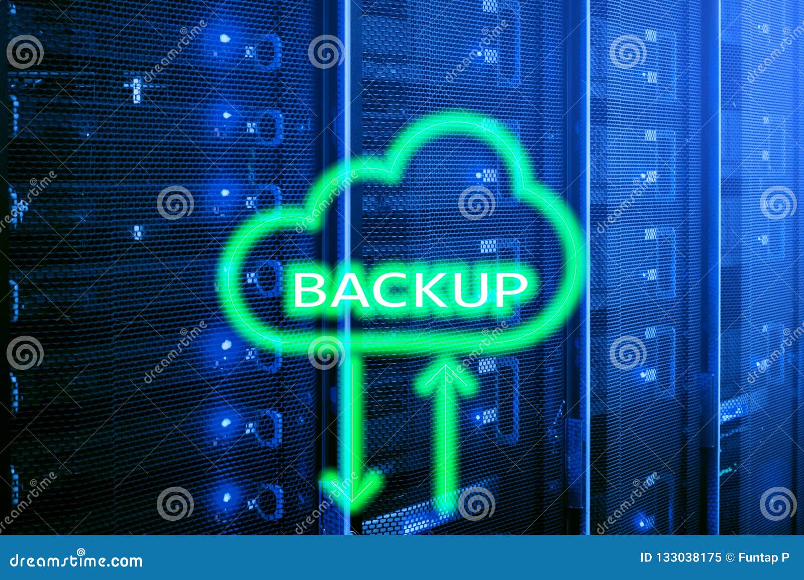 Backup Button on Modern Server Room Background. Data Loss Prevention ...