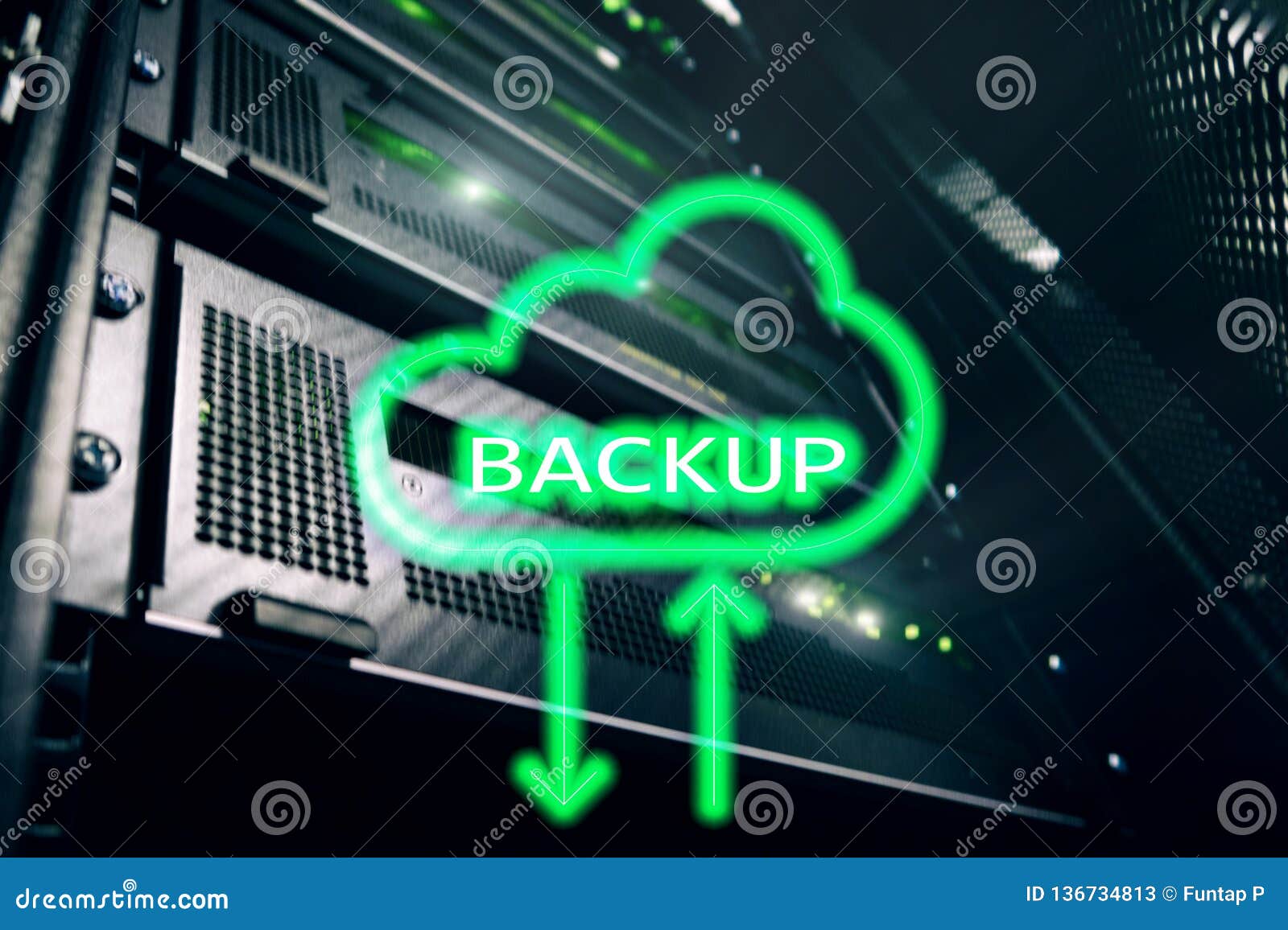 Backup Button on Modern Server Room Background. Data Loss Prevention ...