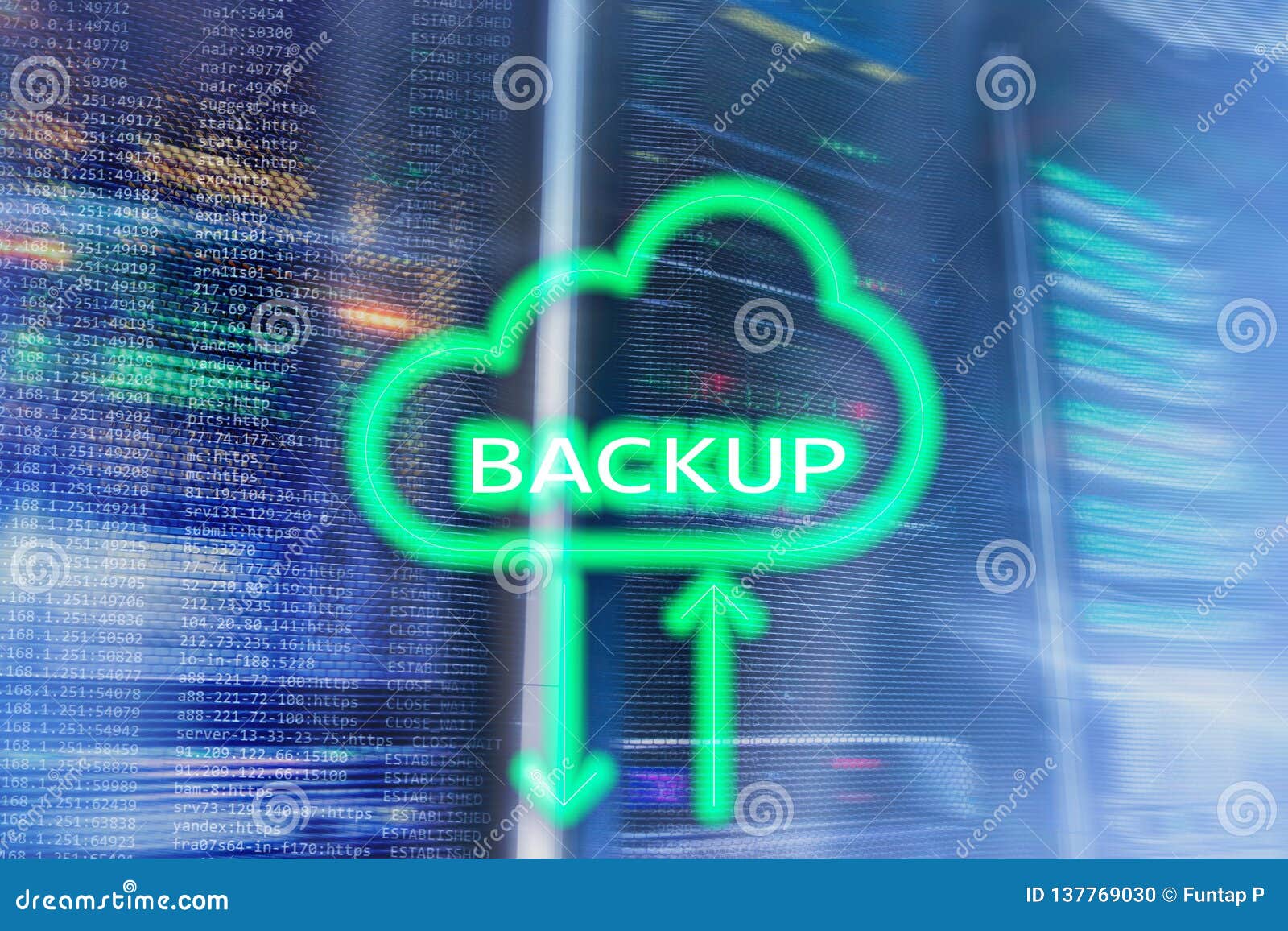 Backup Button on Modern Server Room Background. Data Loss Prevention ...