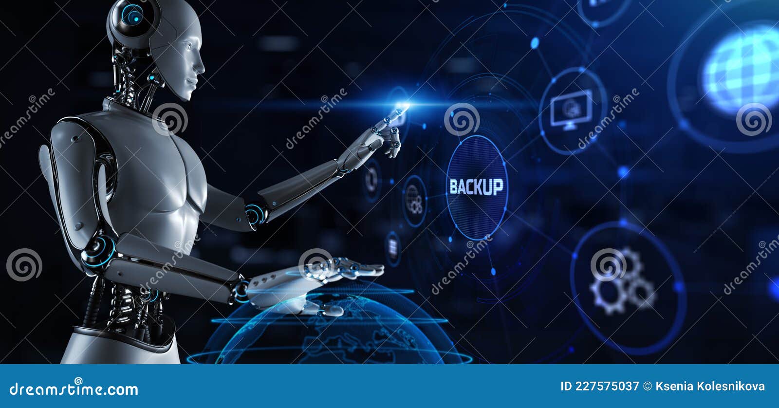 Backup Data Recovery. Robot Pressing Button on Screen 3d Render Stock ...