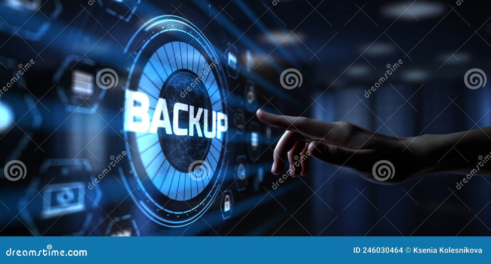 Backup Disaster Recovery. Hand Pressing Button on Screen Stock Photo ...