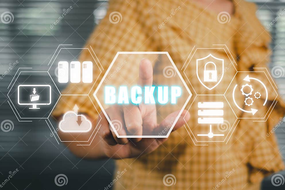 Person Hand Touching Backup Icon on Virtual Screen Stock Image - Image ...