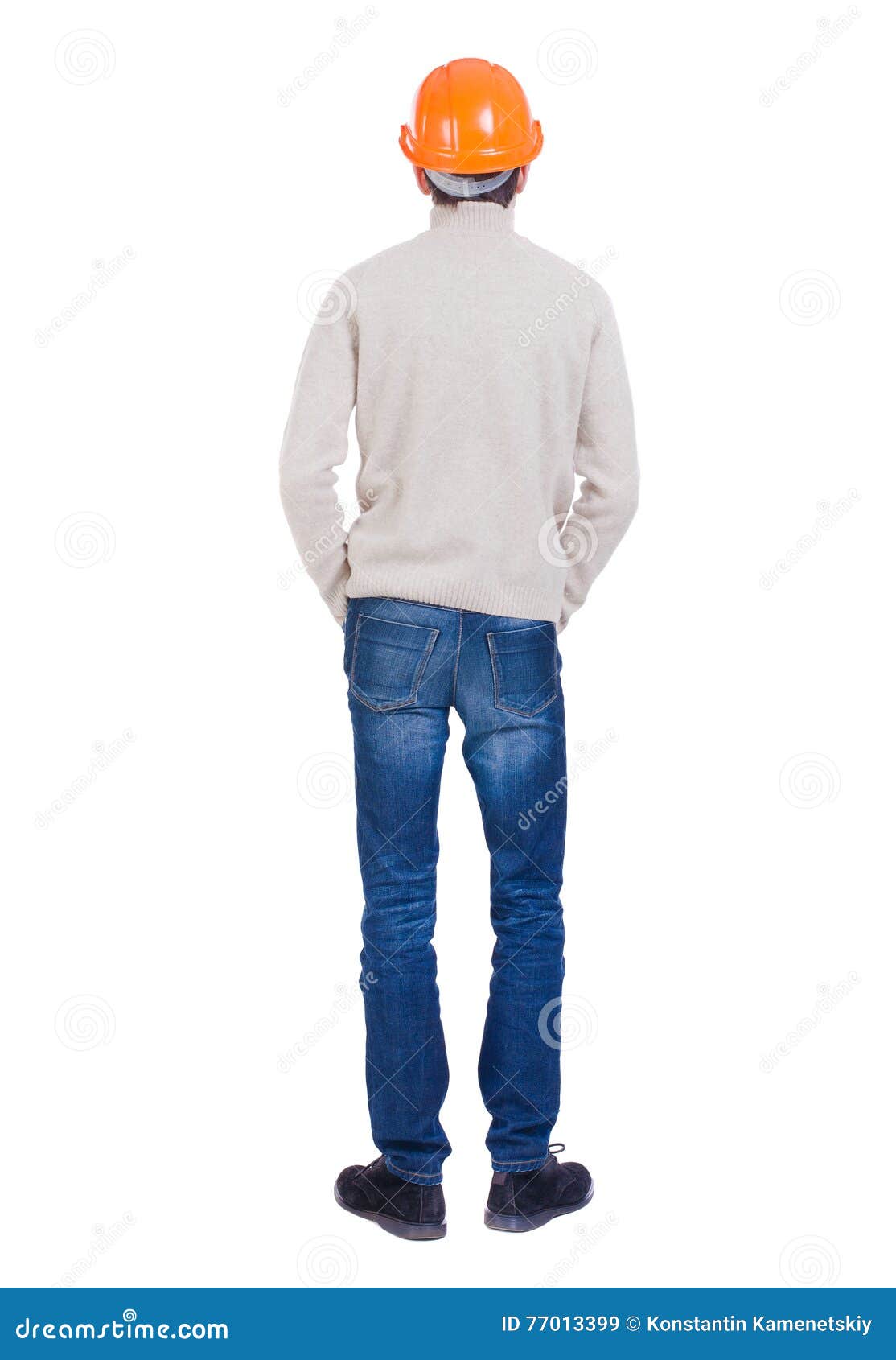 Backview of an Engineer in Construction Helmet Stands. Standing Stock ...