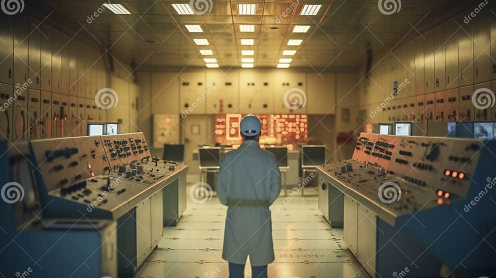 Backview of a Operator in the Control Room of a Nuclear Plant. the ...