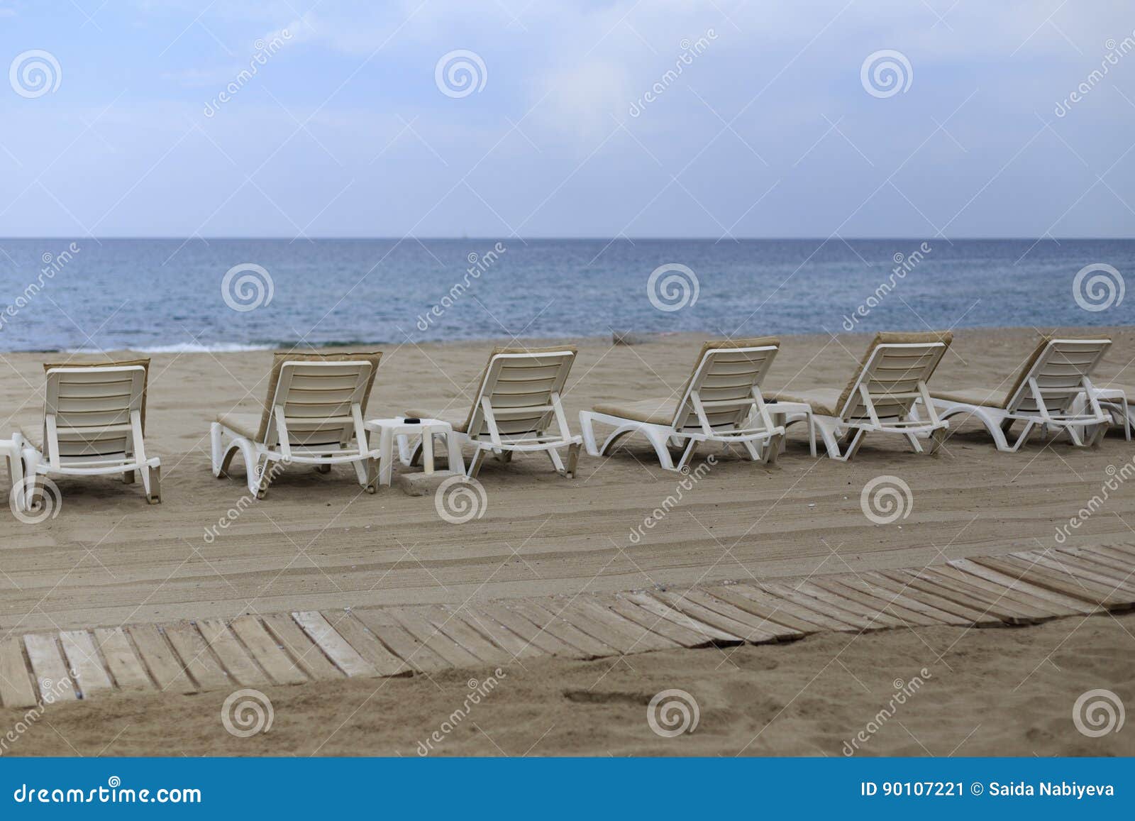 Backview of White Sunbeds at Sandy Beach Stock Image - Image of island ...