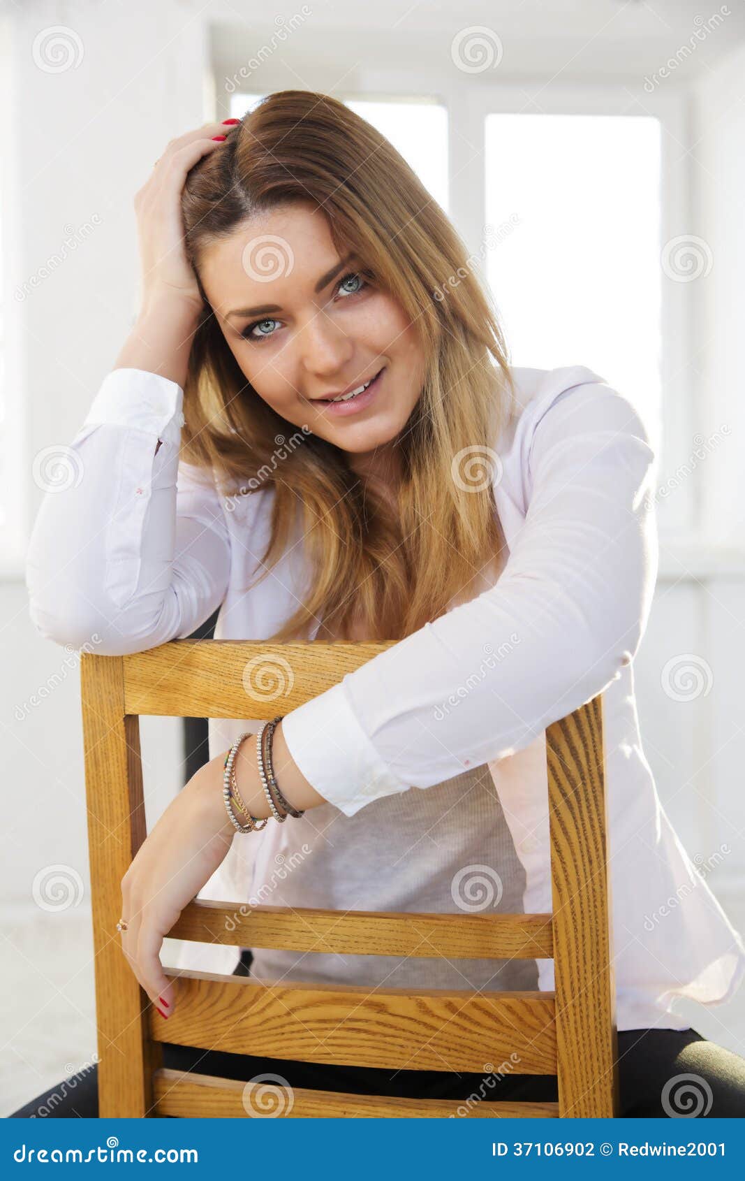 Backwards on Chair Woman Support Her Head Stock Photo - Image of ...