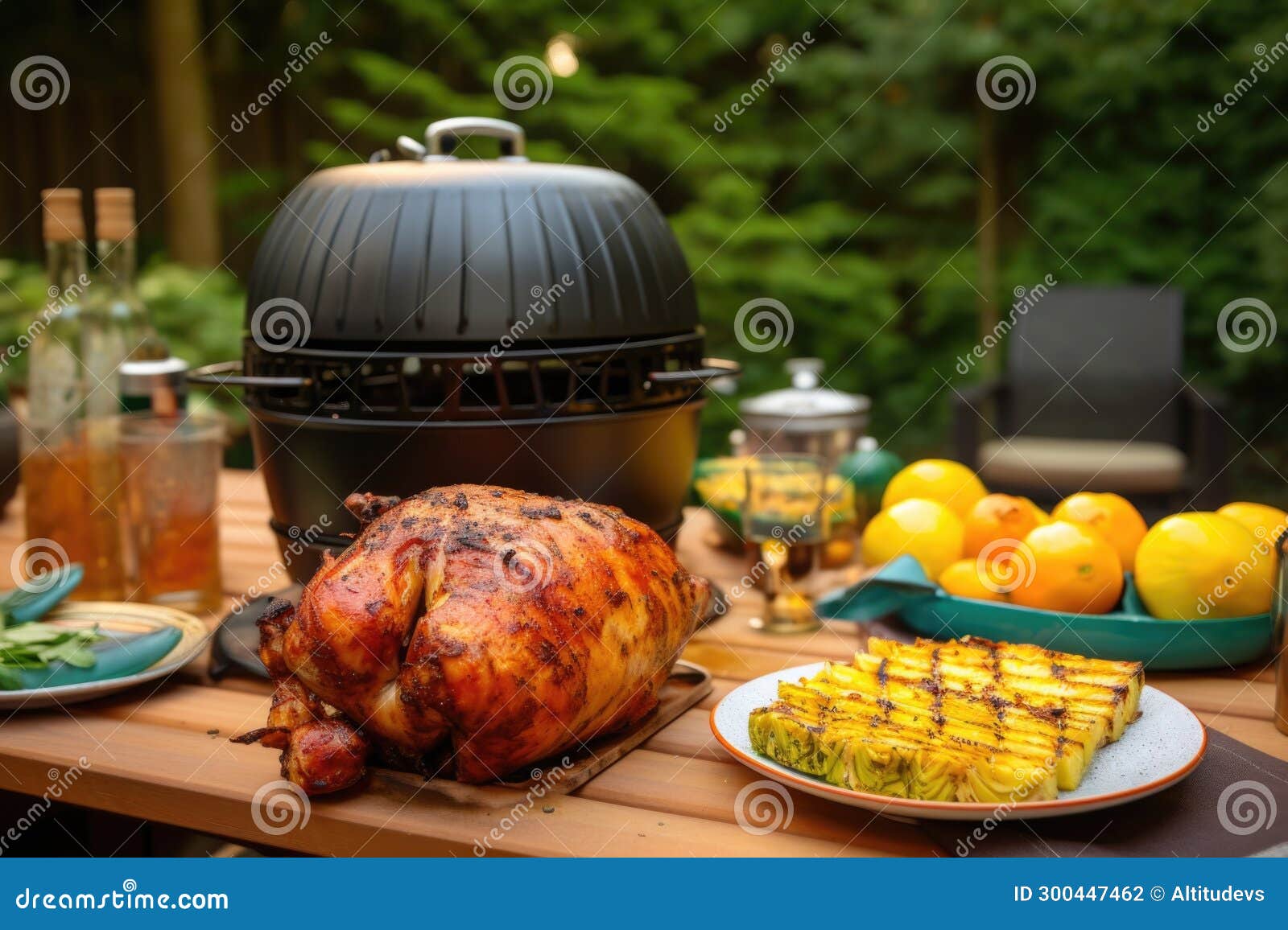 Backyard Barbecue Scene with Pineapples on a Rotisserie Stock Photo ...