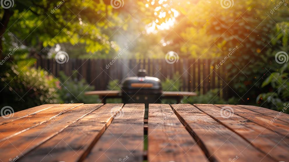 A Backyard Barbecue Setting with an Empty Table on a Foreground, with a ...