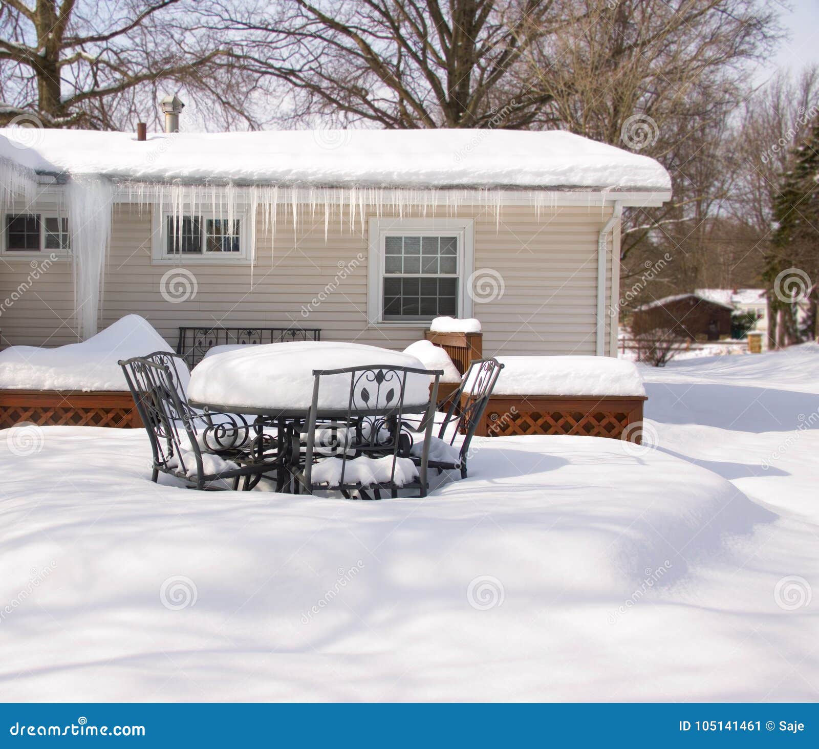 Backyard Deck in Winter Deep Snow and Icicles Stock Image - Image of ...