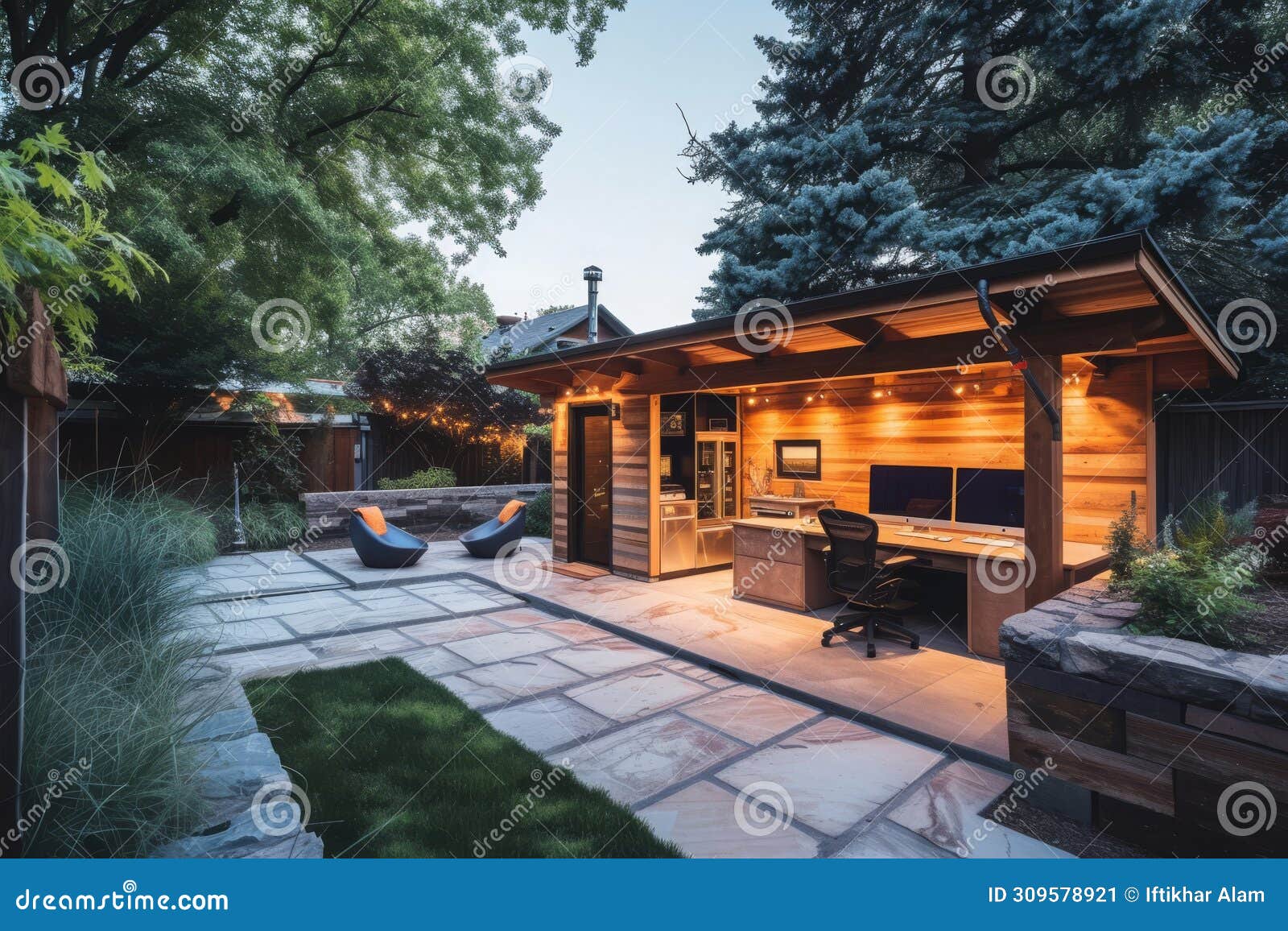 A Backyard Featuring a Covered Patio with a Functional Computer Desk ...